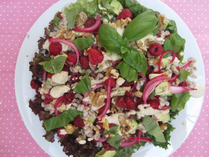 Bringebær- og linsesalat med byggryn – veganine